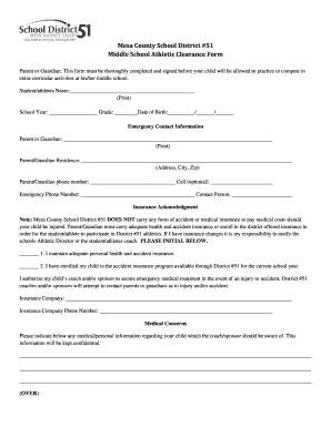Fillable Online connect d51schools Middle School Athletic Clearance ...