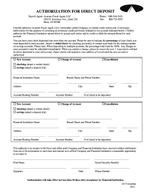 Fillable Online AUTHORIZATION FOR DIRECT DEPOSIT Payroll Agent: Acumen ...