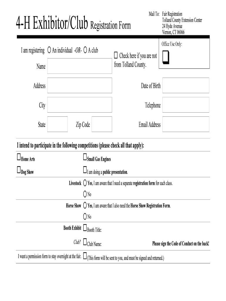 Fillable Online tollandcounty4-hct 4-H Exhibitor/Club Registration Form ...