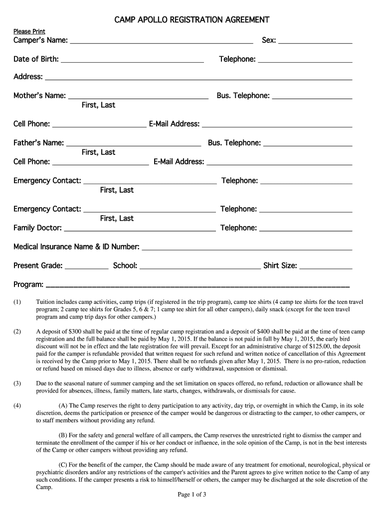 Fillable Online Camper Registration Agreement - Camp Apollo Fax Email ...