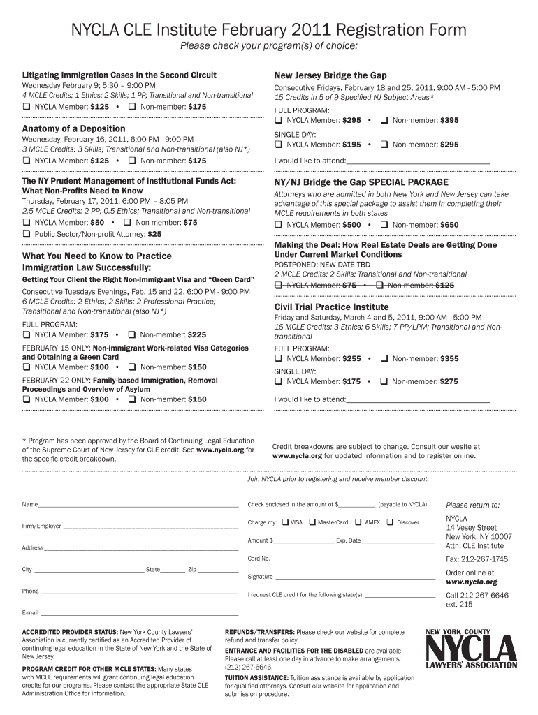Fillable Online nycla NYCLA CLE Institute February 2011 Registration ...