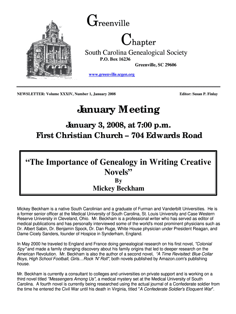 Fillable Online greenville scgen January Meeting - Greenville County Chapter of SC Genealogical ...