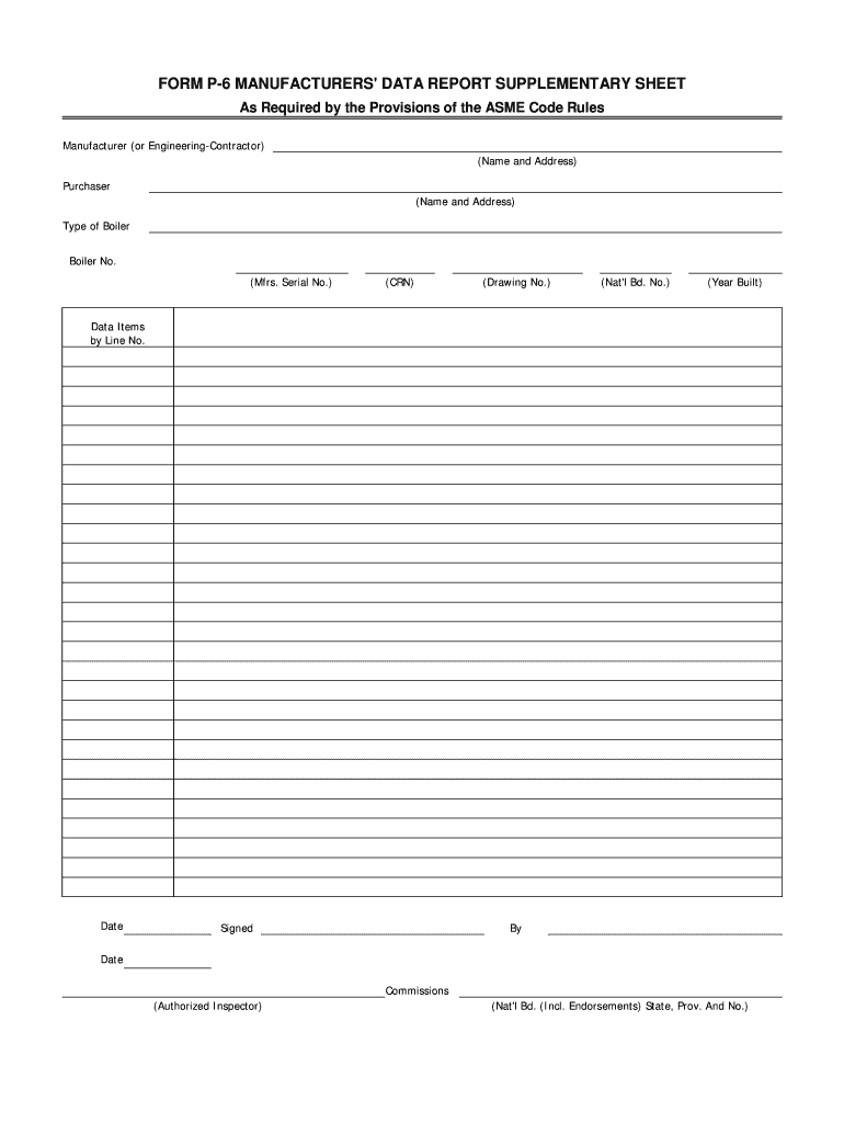 Fillable Online FORM P-6 MANUFACTURERS ' DATA REPORT SUPPLEMENTARY ...