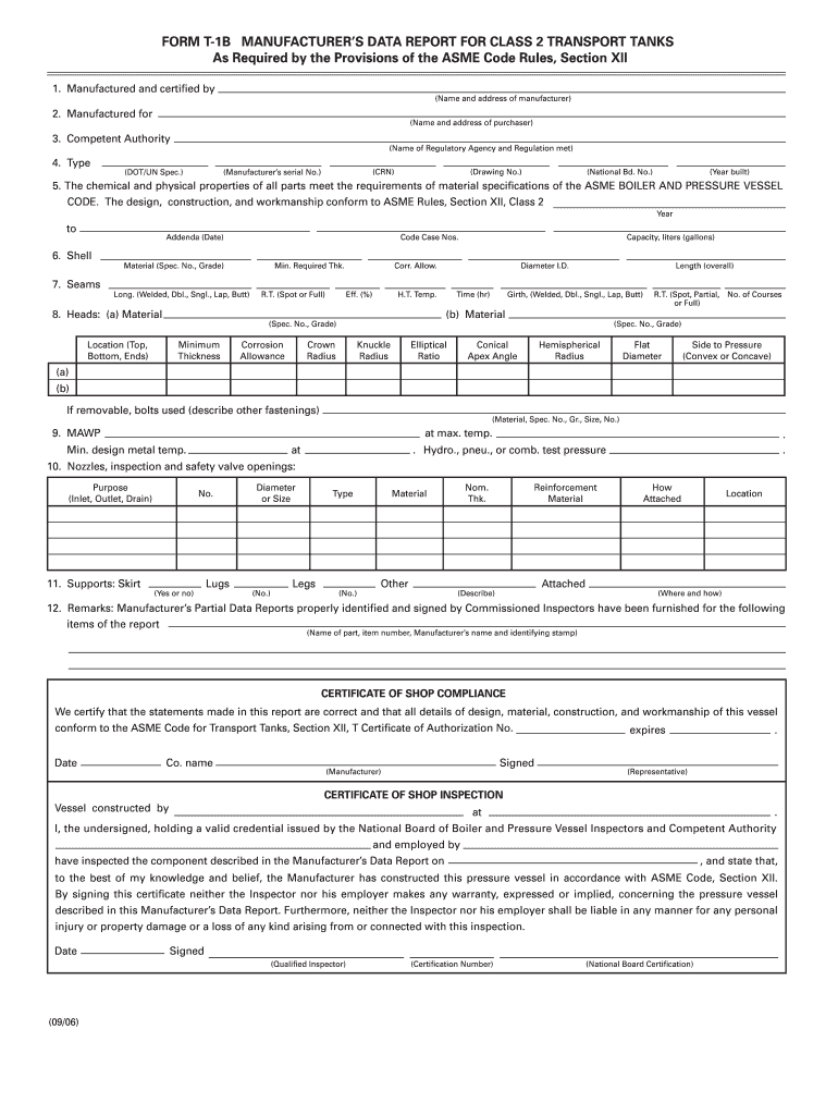 Fillable Online FORM T-1B MANUFACTURER'S DATA REPORT FOR CLASS 2 ...