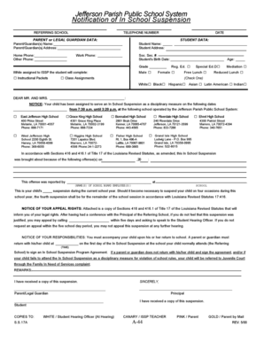 Fillable Online Jefferson Parish Public School System Notification of In School Suspension Fax ...