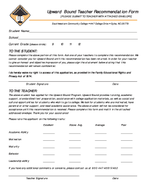 Fillable Online southwesterncc Upward Bound Teacher Recommendation Form ...