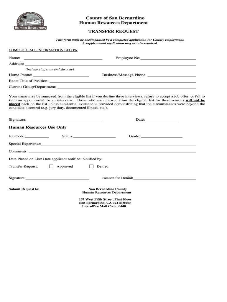 Fillable Online sbcounty Transfer Application Request Fax Email Print - pdfFiller