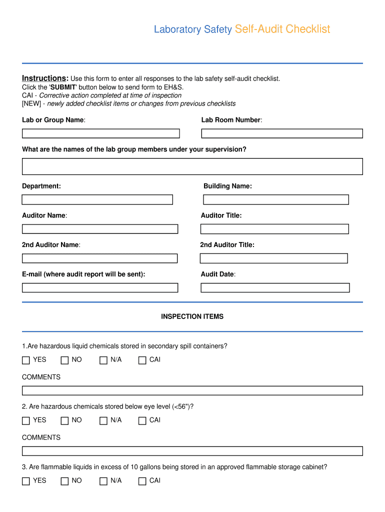 Fillable Online ehs ucr Laboratory Safety Self-Audit Checklist - Environmental Health Fax Email ...