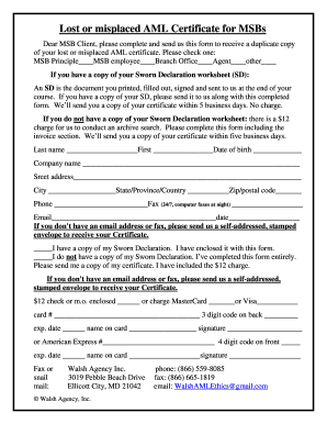 Fillable Online Lost or misplaced AML Certificate for MSBs Fax Email ...