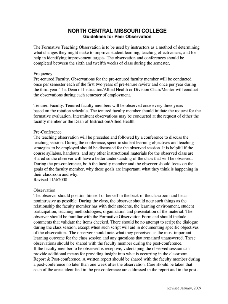 Fillable Online selfstudy ncmissouri Peer Observation - North Central Missouri College ...