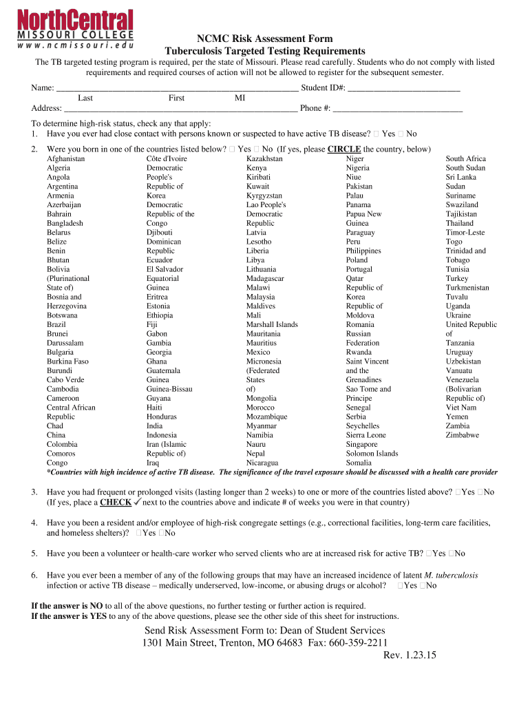 Fillable Online ncmissouri NCMC Risk Assessment Form - North Central ...