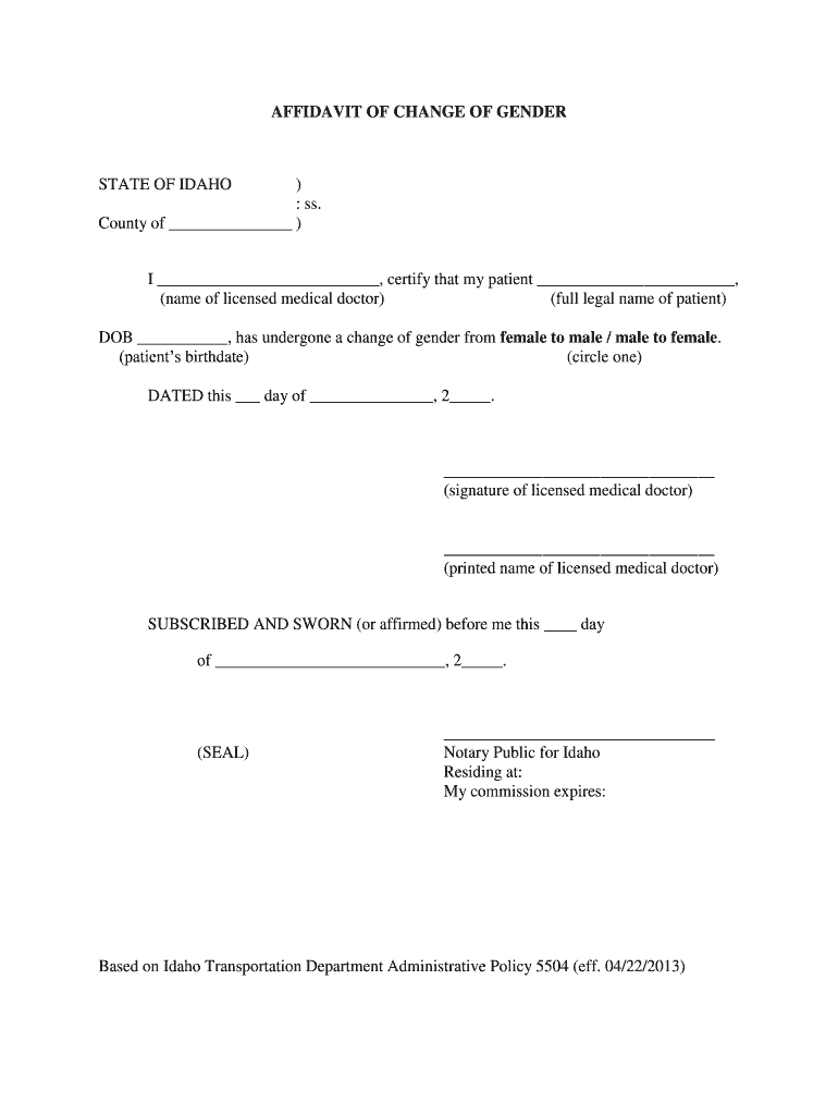 Fillable Online Affidavit of bchangeb of gender ITD - Fair is Fair ...