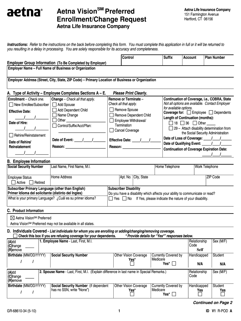 Fillable Online Aetna Vision Preferred Enrollment/Change Request ...