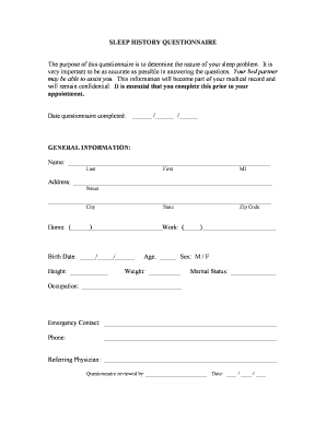 Fillable Online SLEEP HISTORY QUESTIONNAIRE - Mission Health Fax Email ...
