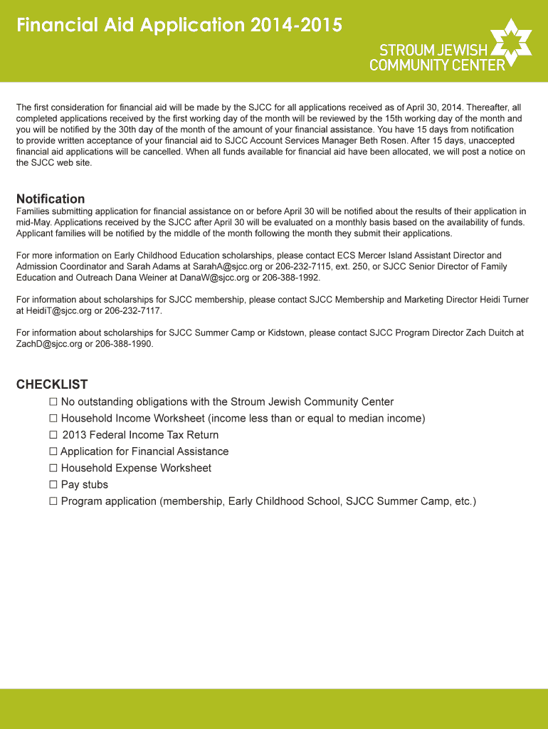 Fillable Online sjcc Financial Aid Application - Stroum Jewish Community Center Fax Email Print ...