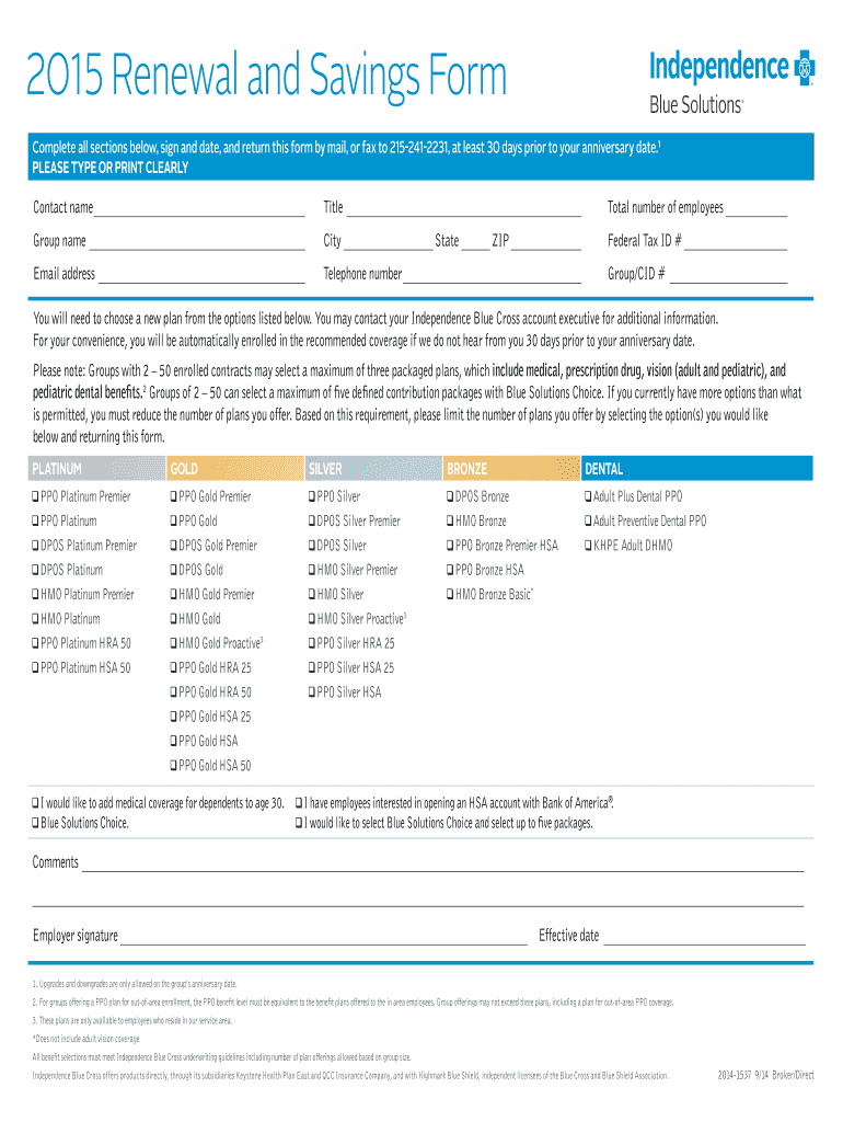 Fillable Online 2015 Renewal and Savings Form Fax Email Print - pdfFiller