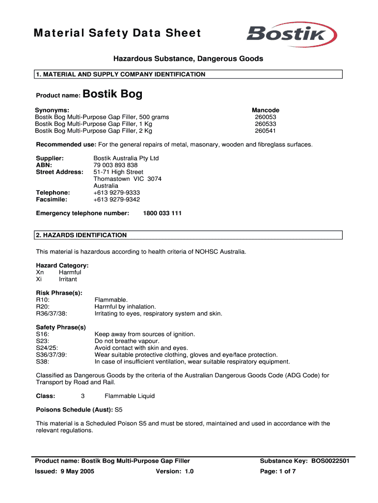 Fillable Online Hazardous according to criteria of NOHSC Australia ...