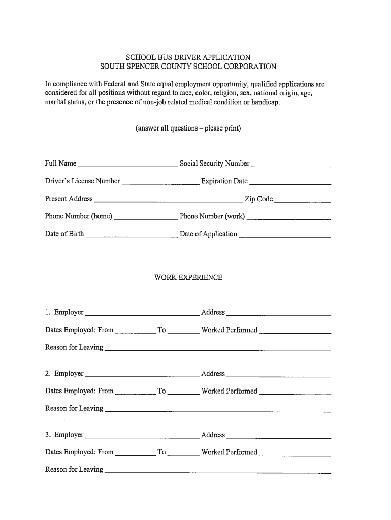 Fillable Online sspencer k12 in SCHOOL BUS DRIVER APPLICATION/TRAINING ...