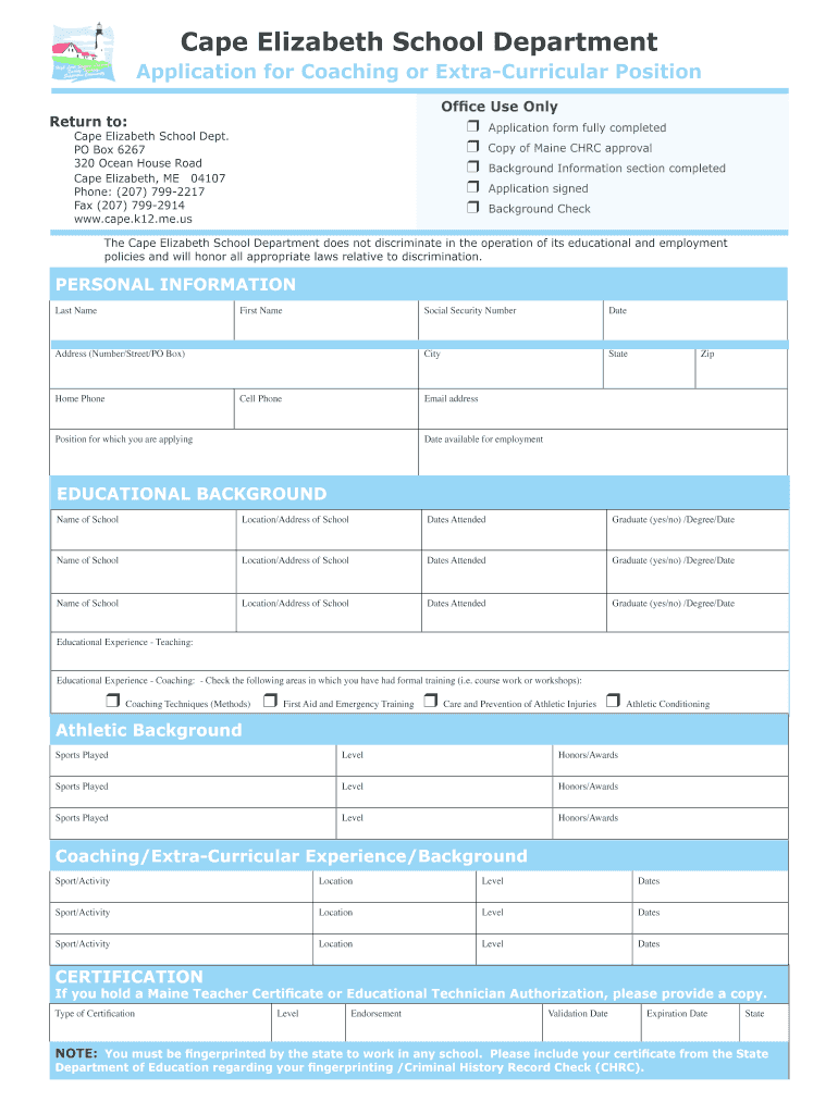 Fillable Online Coaching/Extra-Curricular Application - Cape Elizabeth ...