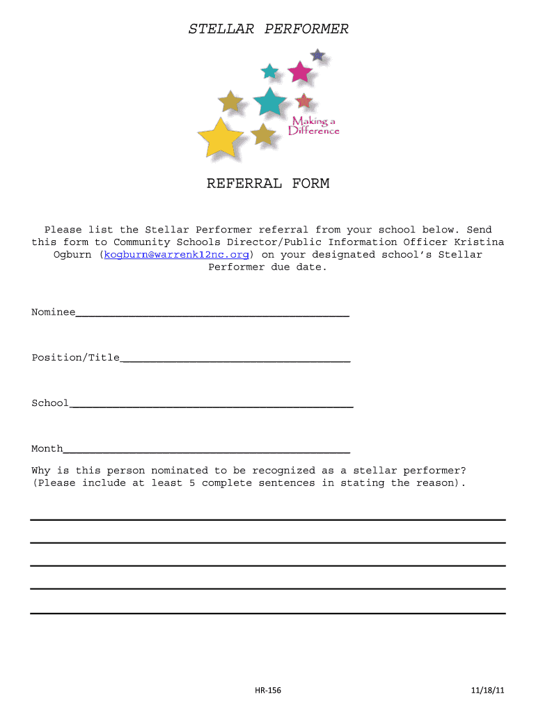 Fillable Online warrenk12nc STELLAR PERFORMER REFERRAL FORM - Warren ...