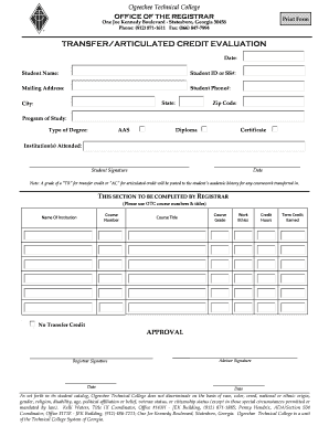 Fillable Online juno ogeecheetech Transfer/Articulated Credit Evaluation Form - Ogeechee ...
