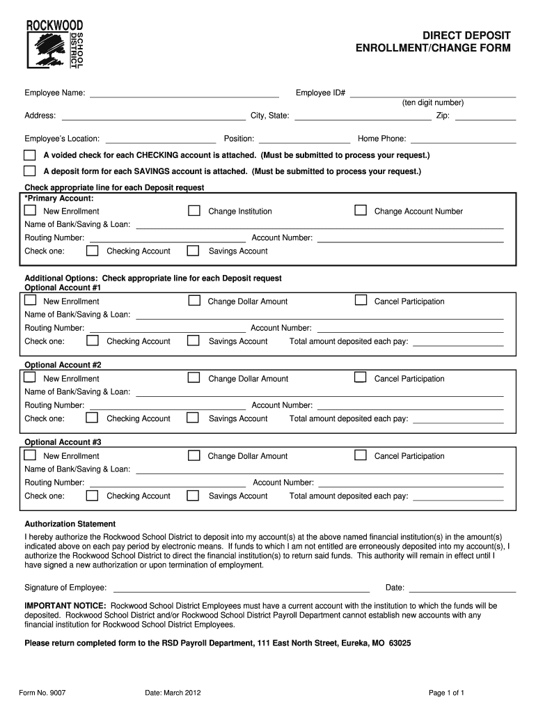 Fillable Online Direct Deposit Enrollment-Change Form - Rockwood School ...