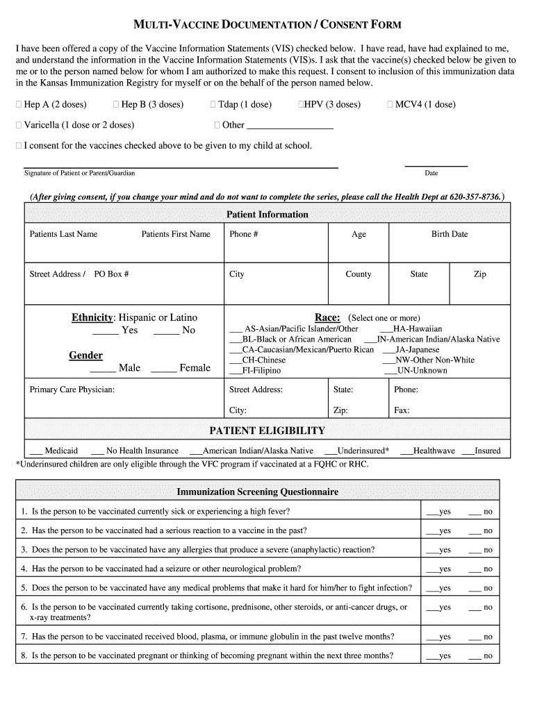 Multi-Vaccine Documentation Consent Form - Blank Fillable Template ...
