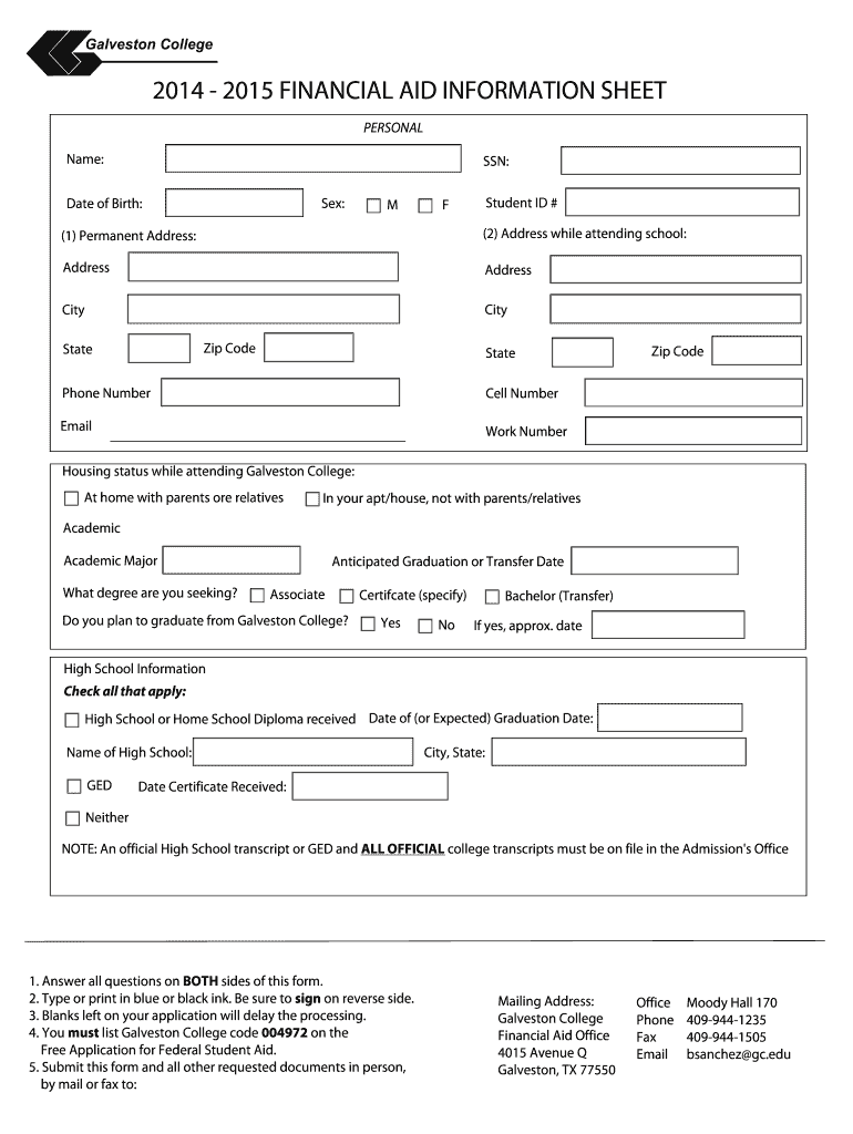 Fillable Online gc 2014 - 2015 FINANCIAL AID INFORMATION SHEET Fax ...