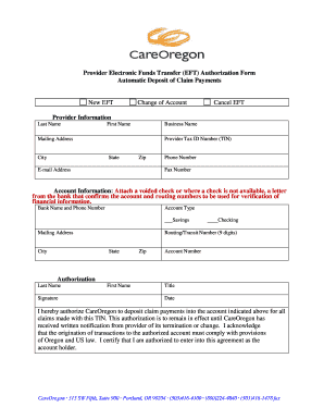 Fillable Online careoregon Provider EFT Authorization Form - CareOregon ...