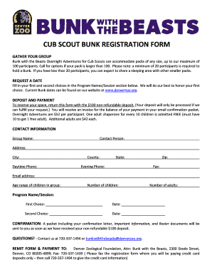 Fillable Online denverzoo CUB SCOUT BUNK REGISTRATION FORM - Denver Zoo ...