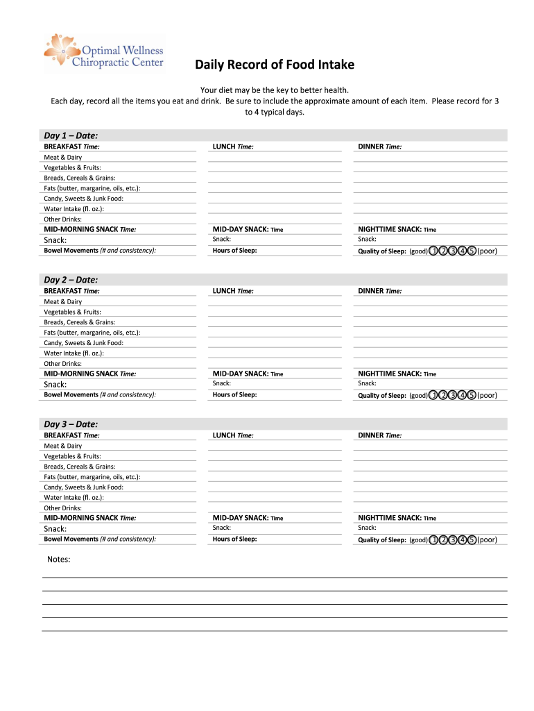 Food Intake Form Fill Online Printable Fillable Blank PdfFiller