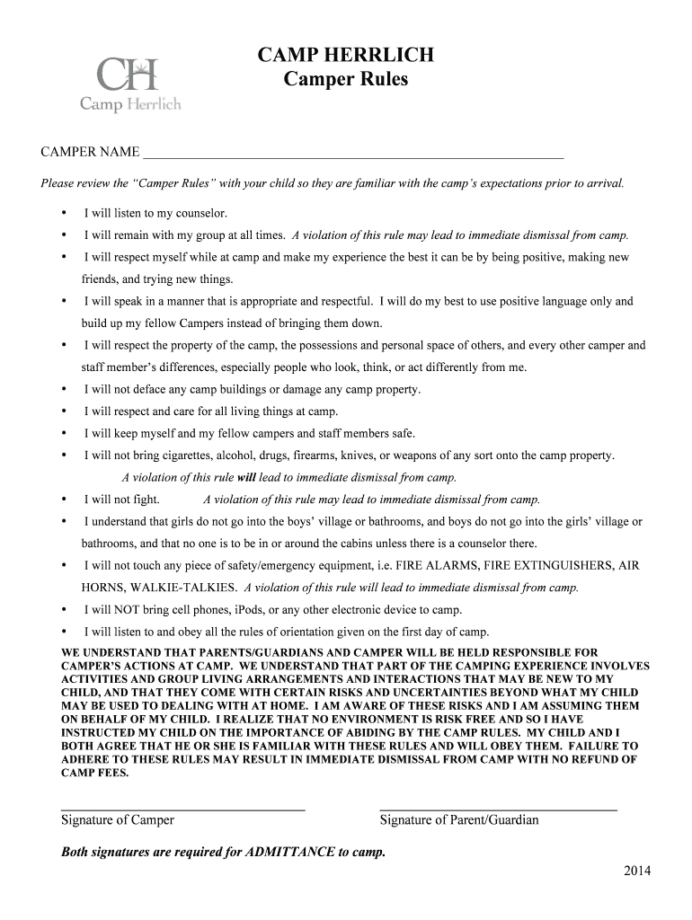 Fillable Online campherrlich Camper Rules Fax Email Print - pdfFiller
