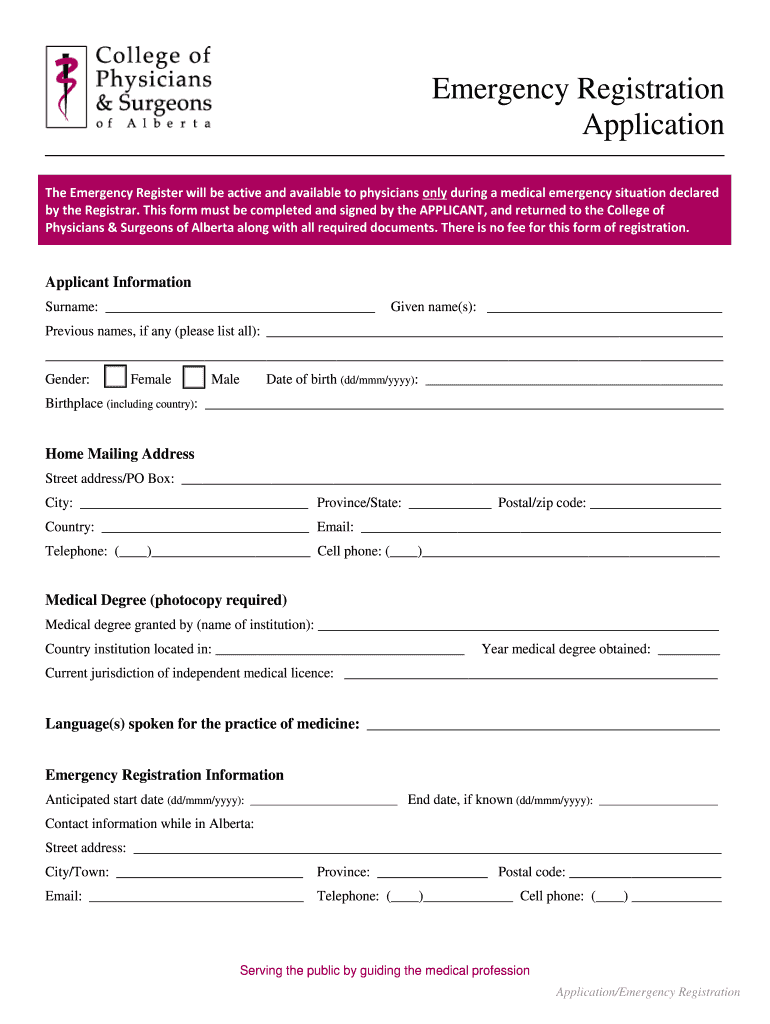 Fillable Online Emergency Registration Application Fax Email Print ...