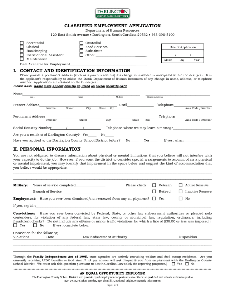 Fillable Online classified employment application i. contact and ...