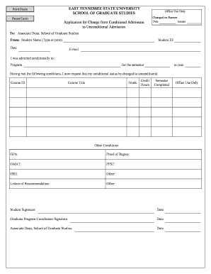 Fillable Online etsu Change of Conditional Admission Form - East ...