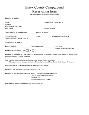 Fillable Online co essex ny Essex County Campground Reservation form ...