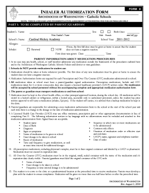 Fillable Online cardinalhickeyacademy FORM 9 Inhaler Authorization ...