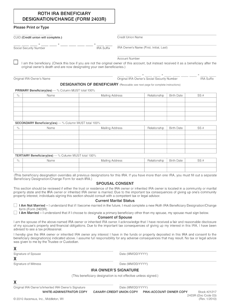 Fillable Online cusocal Roth IRA Beneficiary Designation-Change Form ...