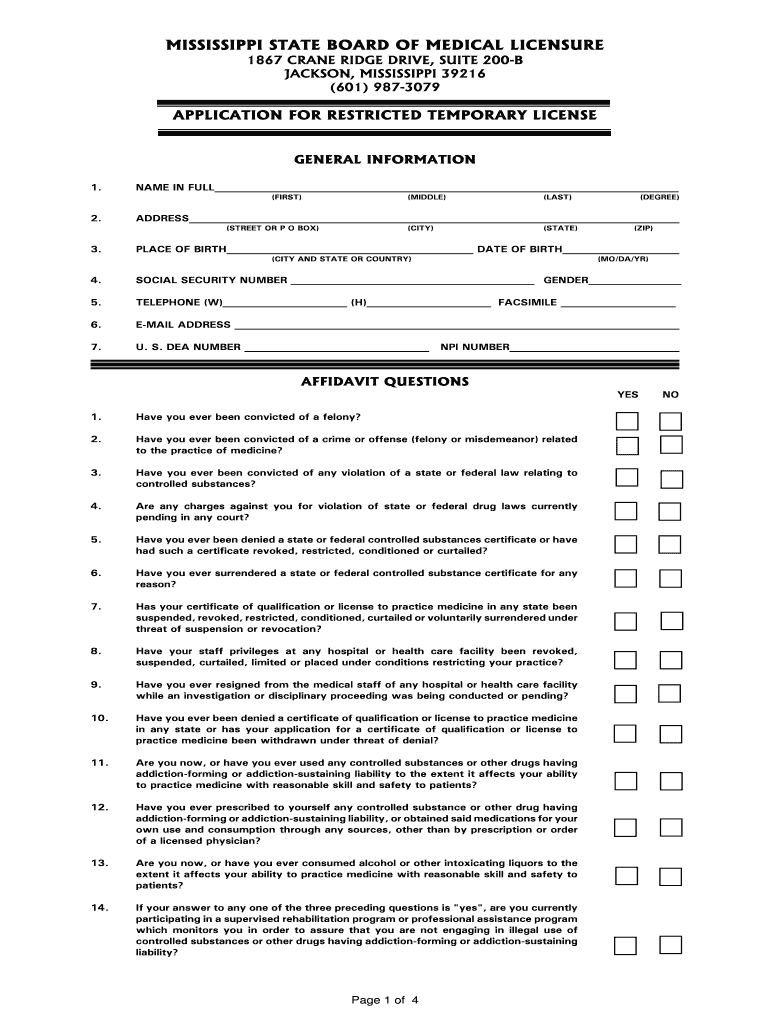 Fillable Online msbml ms Restricted Temporary Licensure Requirements ...