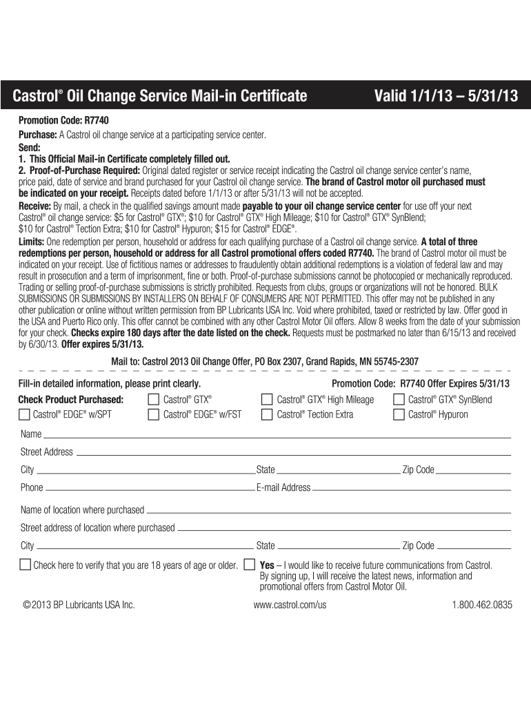 Castrol Oil Change Service Mail in Rebate Certificate January May 