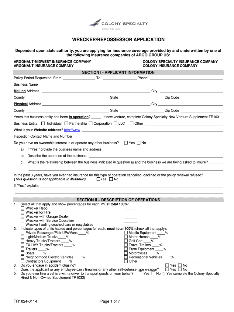 Fillable Online WRECKER/REPOSSESSOR APPLICATION - Nhunderwriters.com ...