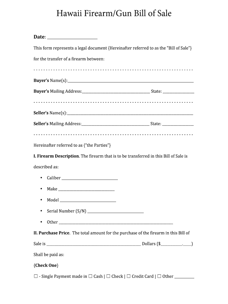 Fillable Online BHawaiib FirearmGun Bill of Sale - Free Bill of Sale Forms Fax Email Print ...