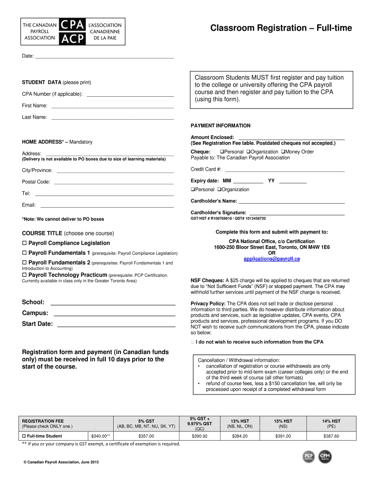 Fillable Online Classroom Registration Full-time - Canadian Payroll Association Fax Email Print ...