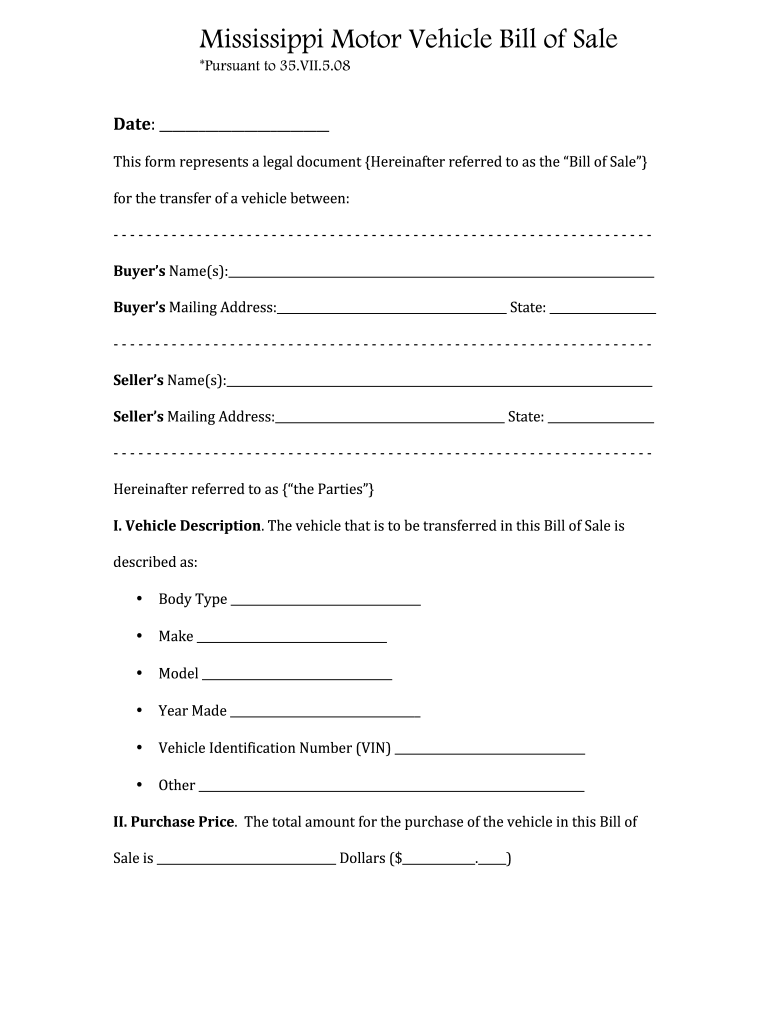 Mississippi Motor Vehicle Bill Of Sale Free Bill Of Sale Forms 2020 