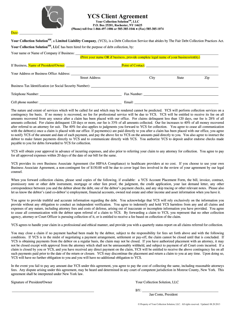 Fillable Online YCS Client Agreement - Your Collection Solution, LLC Fax Email Print - pdfFiller