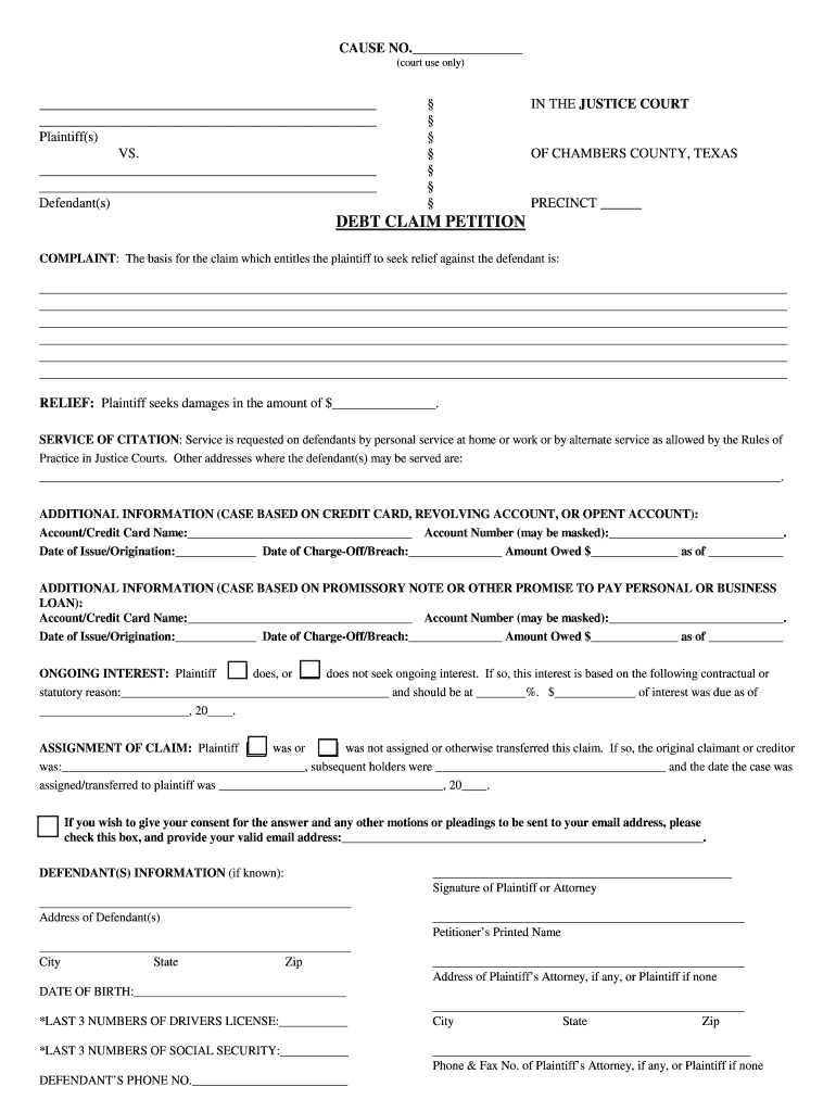 Fillable Online Debt Claim Petition - Chambers County Fax Email Print ...