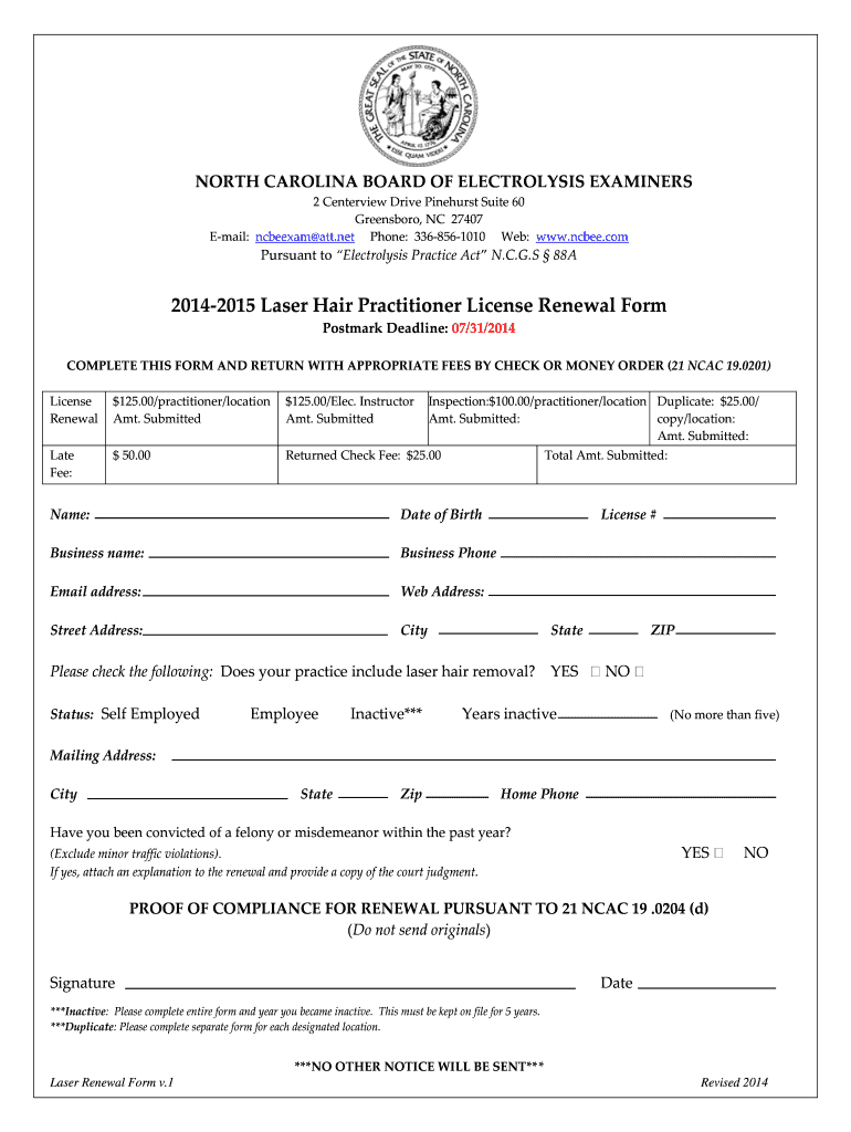 Fillable Online 2014-2015 Laser Hair Practitioner License Renewal Form ...