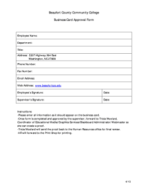 Fillable Online beaufortccc Beaufort County Community College Business Card Approval Form Fax ...