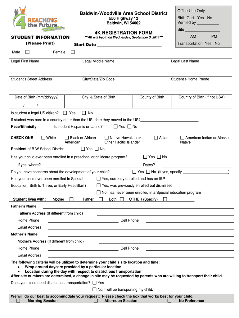 Fillable Online 4k enrollment forms - BWSD Fax Email Print - pdfFiller