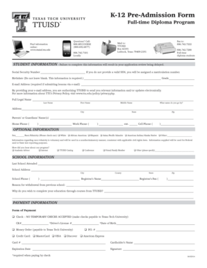Fillable Online depts ttu K-12 Pre-Admission Form - Texas Tech ...